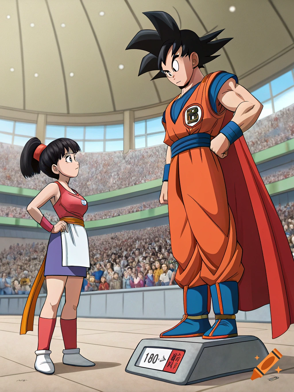 Anime style illustration of Chi-Chi looking up at Goku on a scale in a ...