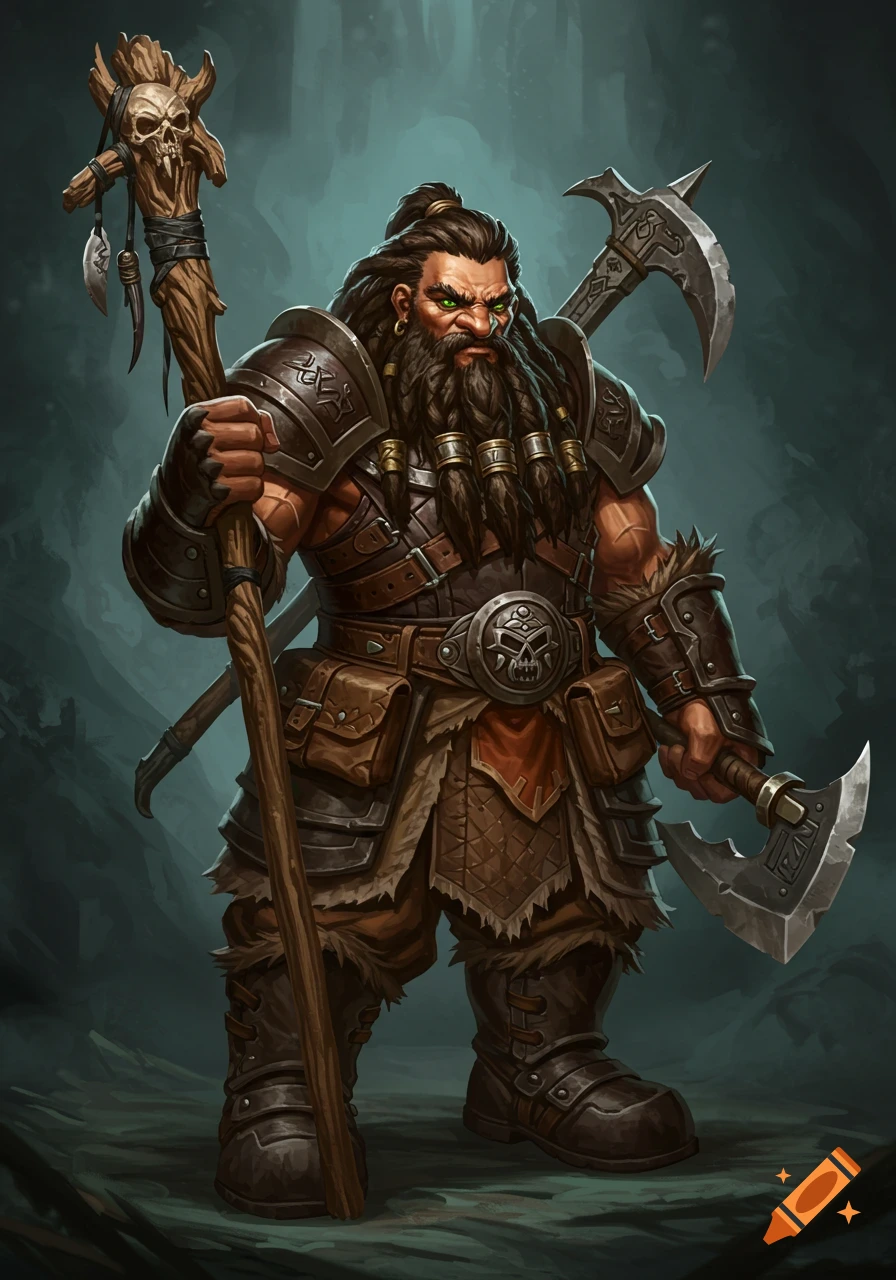 A detailed illustration of a gruff dwarf warrior in leather armor ...