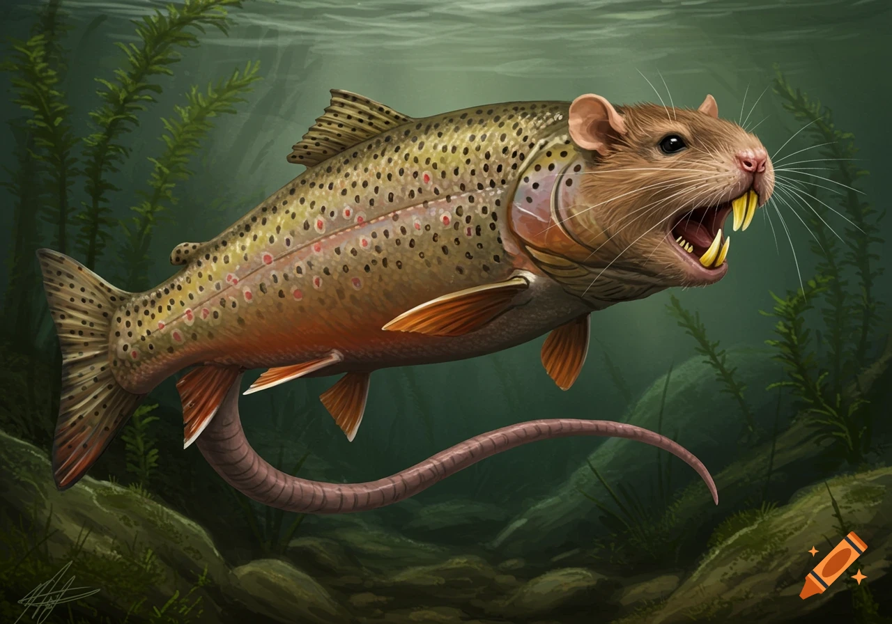 A creature with a trout body, rat head, and tail swims underwater. on ...