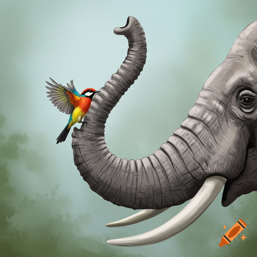 Illustration of a colorful bird perched on an elephant's trunk on Craiyon