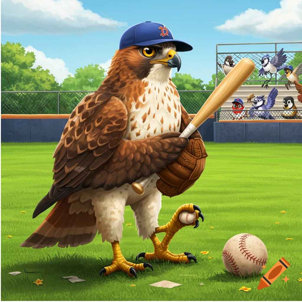 Cartoon hawk in a baseball cap and mitt stands on a field with a bat ...