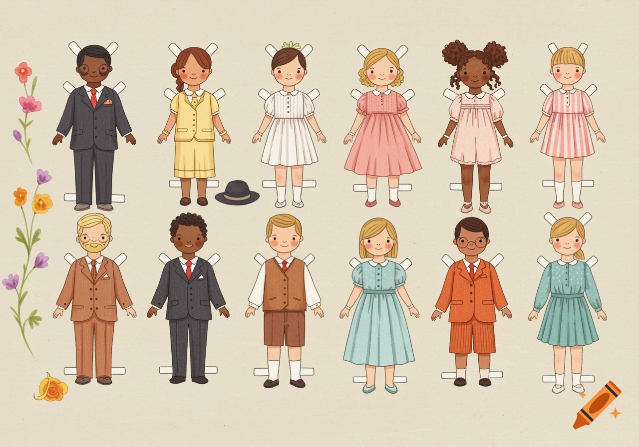 Illustration of paper dolls, including diverse children and adults in ...