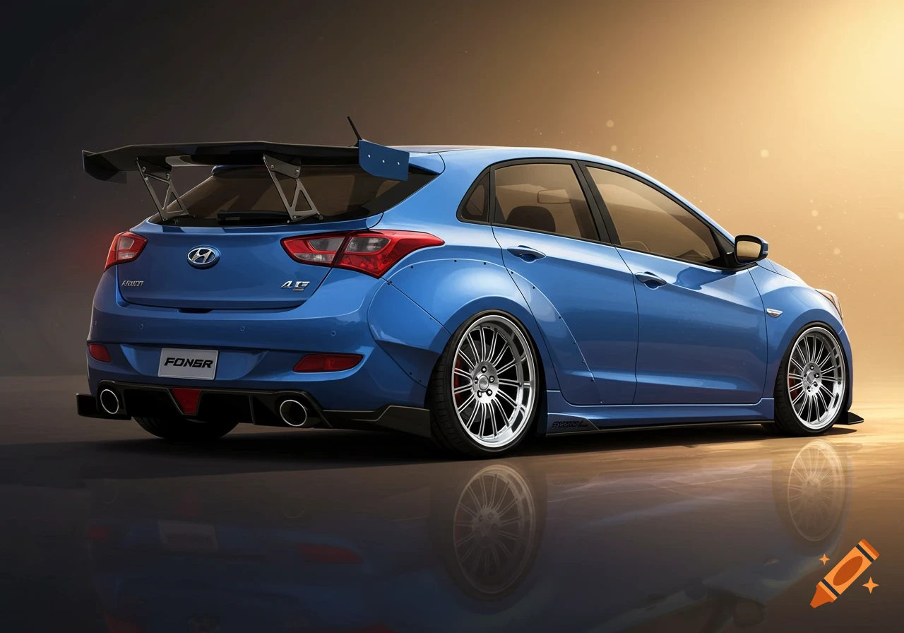 Blue hatchback car with large spoiler and shiny rims on Craiyon