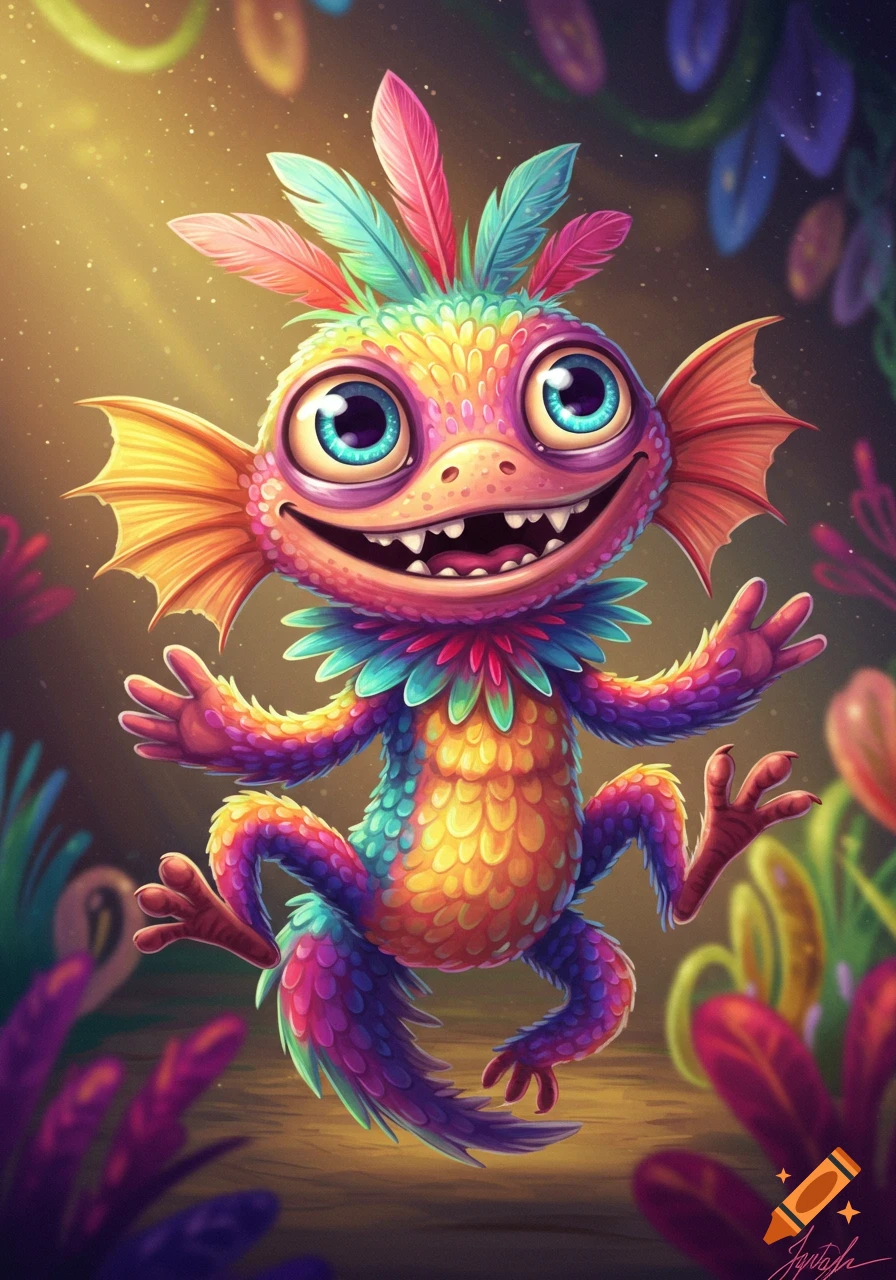 A colorful, feathery creature with large eyes and a wide smile stands ...