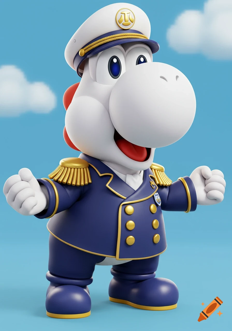 A 3D render of White Yoshi from Mario wearing a blue captain's suit. on ...