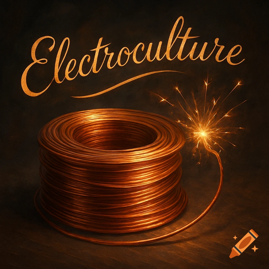 Coil of copper wire with sparks and the word Electroculture above it in ...