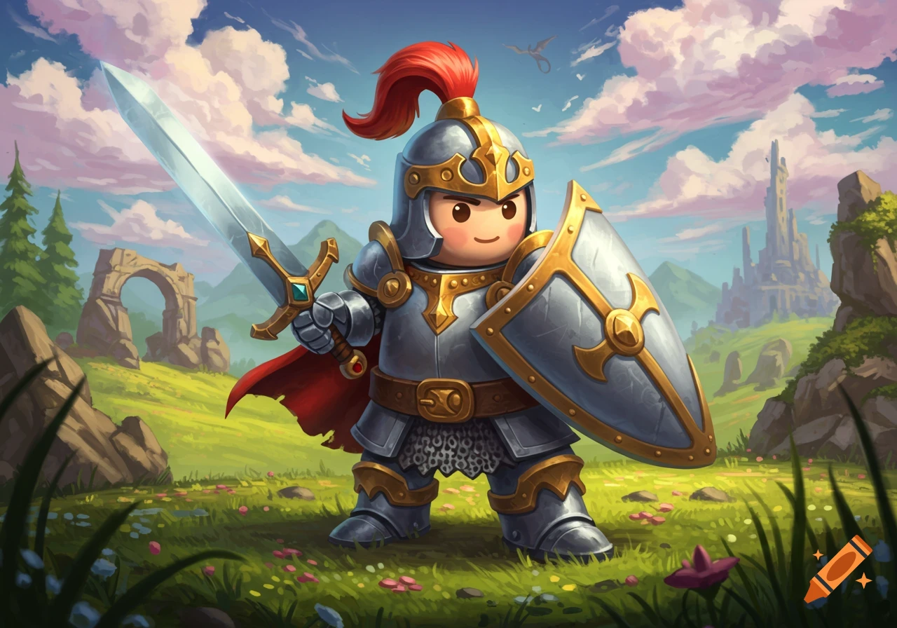 A cute cartoon toy knight stands in a fantasy landscape with sword and ...