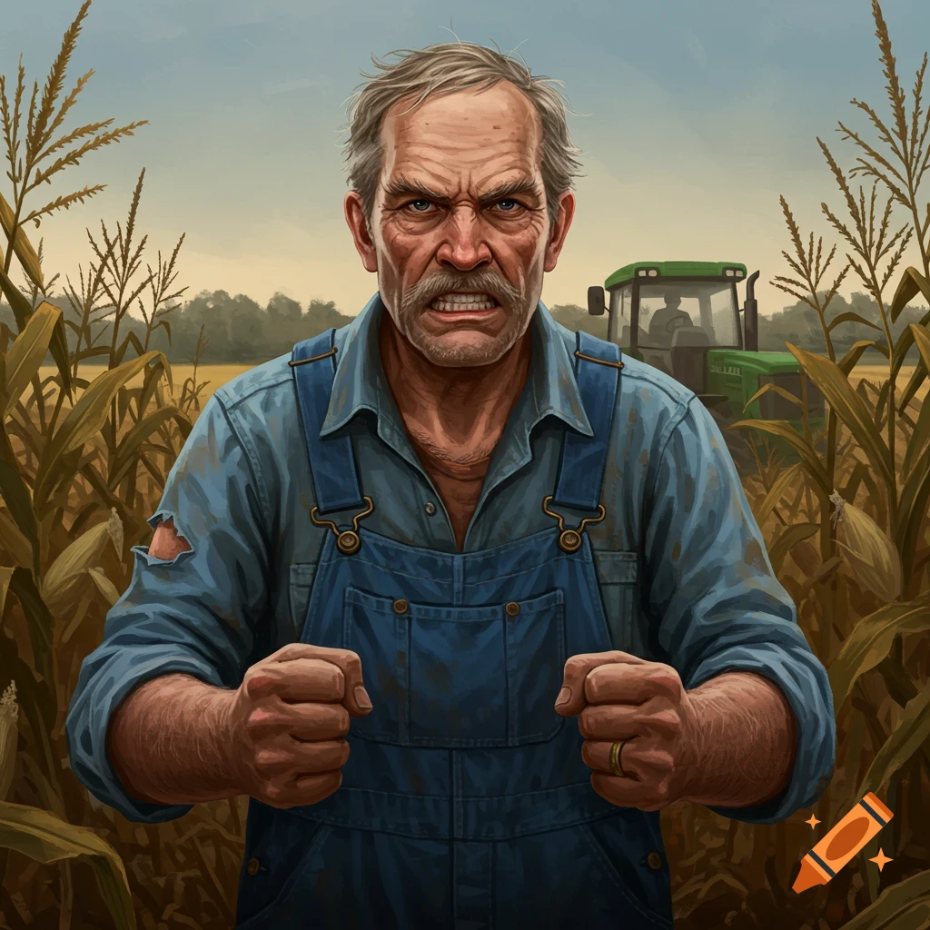 An angry farmer portrait in a corn field with a tractor in the ...