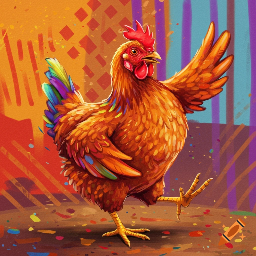 A colorful chicken dances in a bright, abstract background. on Craiyon