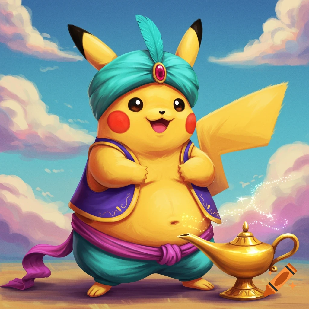 Illustration of a chubby Pikachu dressed as a genie with a teal turban ...