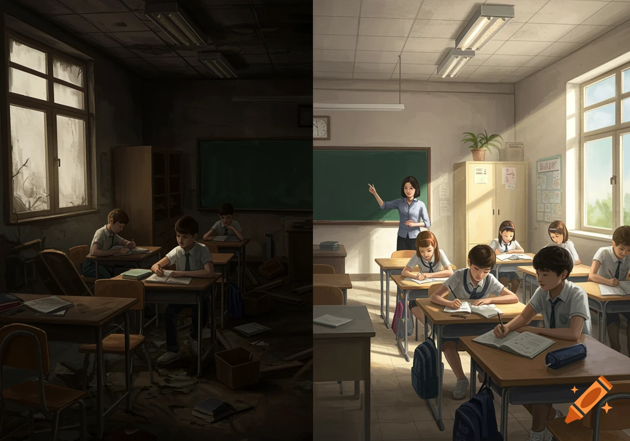 Split illustration of a classroom: left dark and messy with students ...
