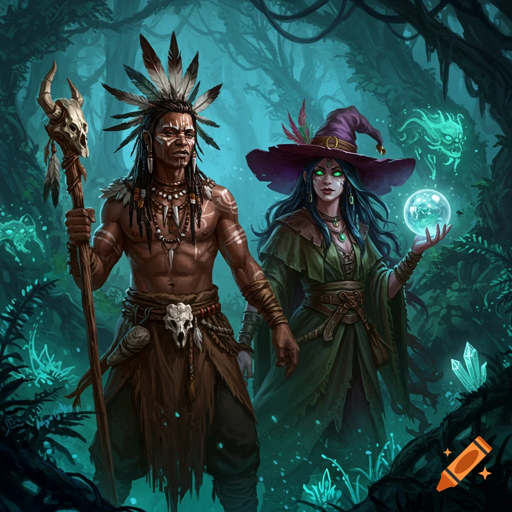 Fantasy illustration of a shaman and witch in a mystical forest holding ...