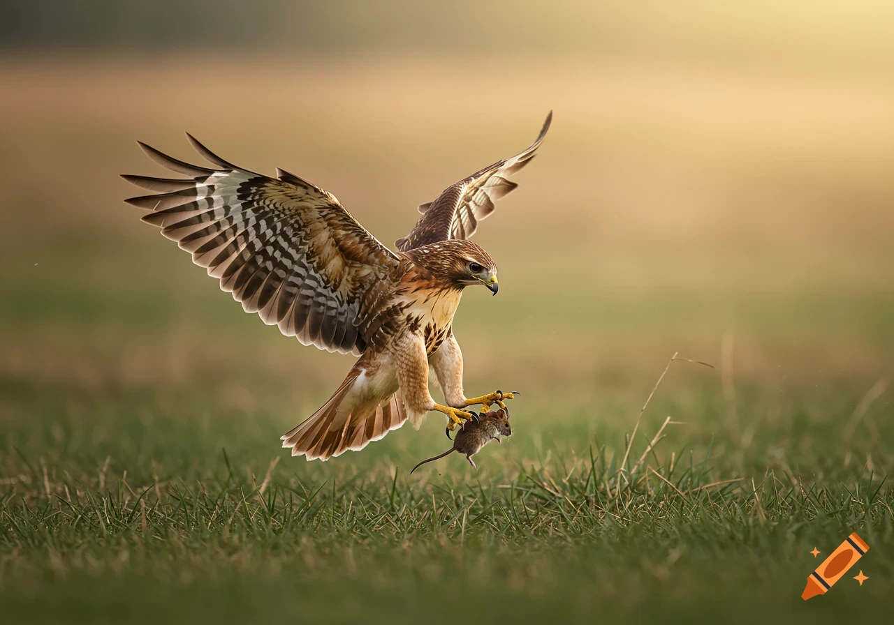 A red-tailed hawk with a mouse in its talons swoops over grass on Craiyon