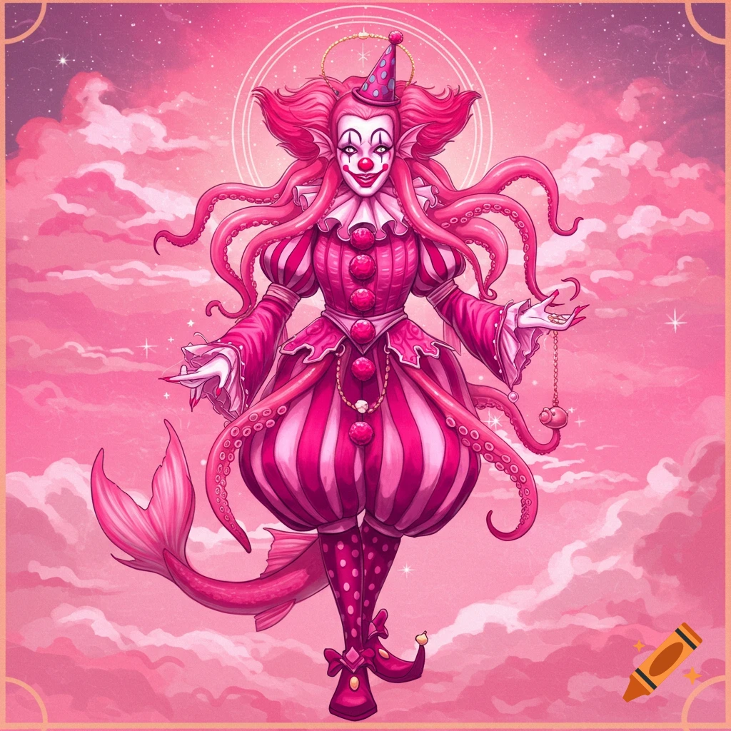 Illustration of a pink clown with octopus hair and a fish tail floating ...