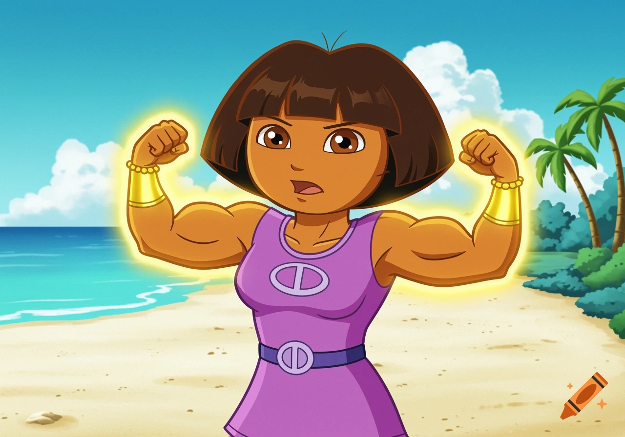 Cartoon of muscular Dora the Explorer flexing on a beach with a golden ...