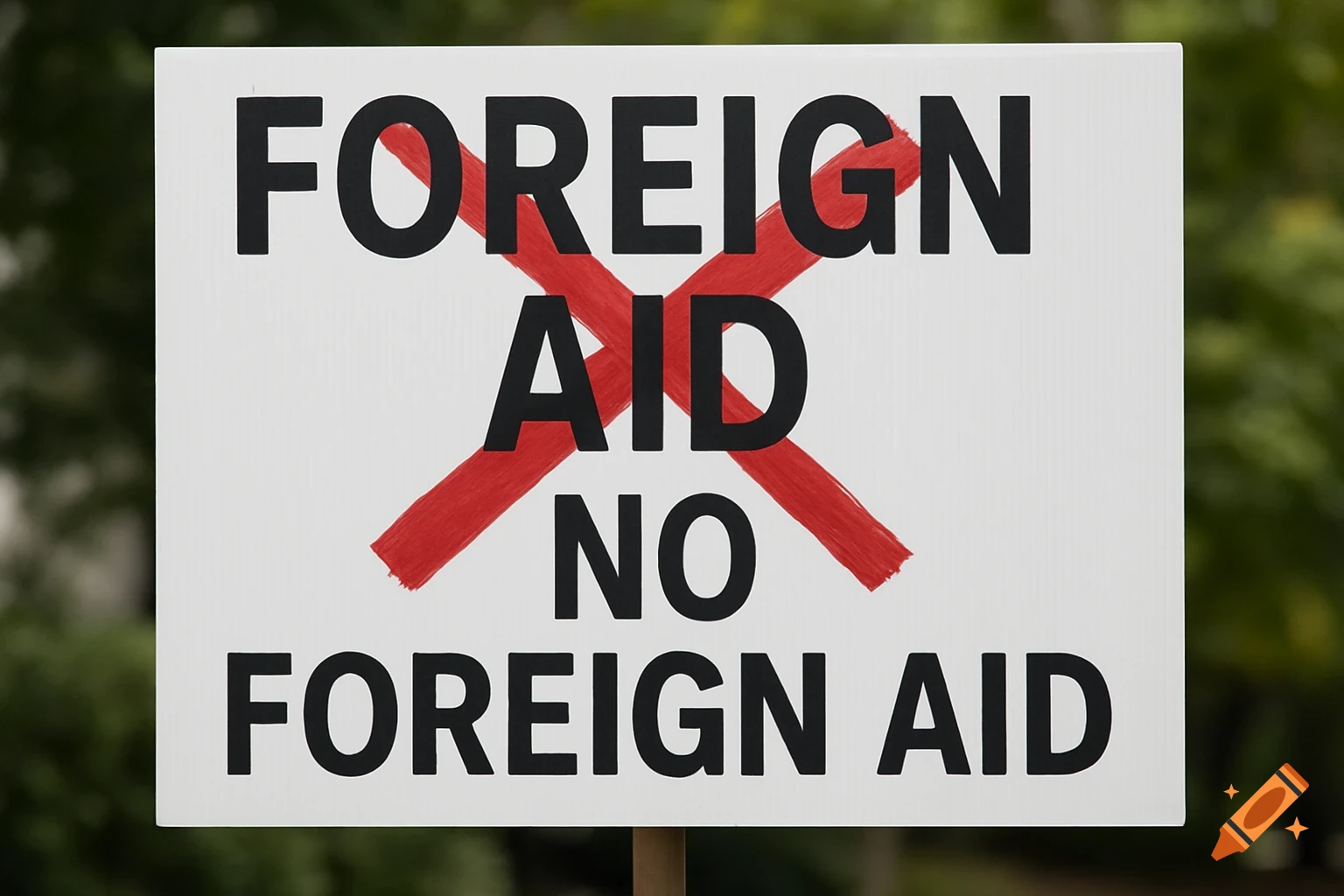 A sign reads "FOREIGN AID" crossed out with red, and "NO FOREIGN AID ...