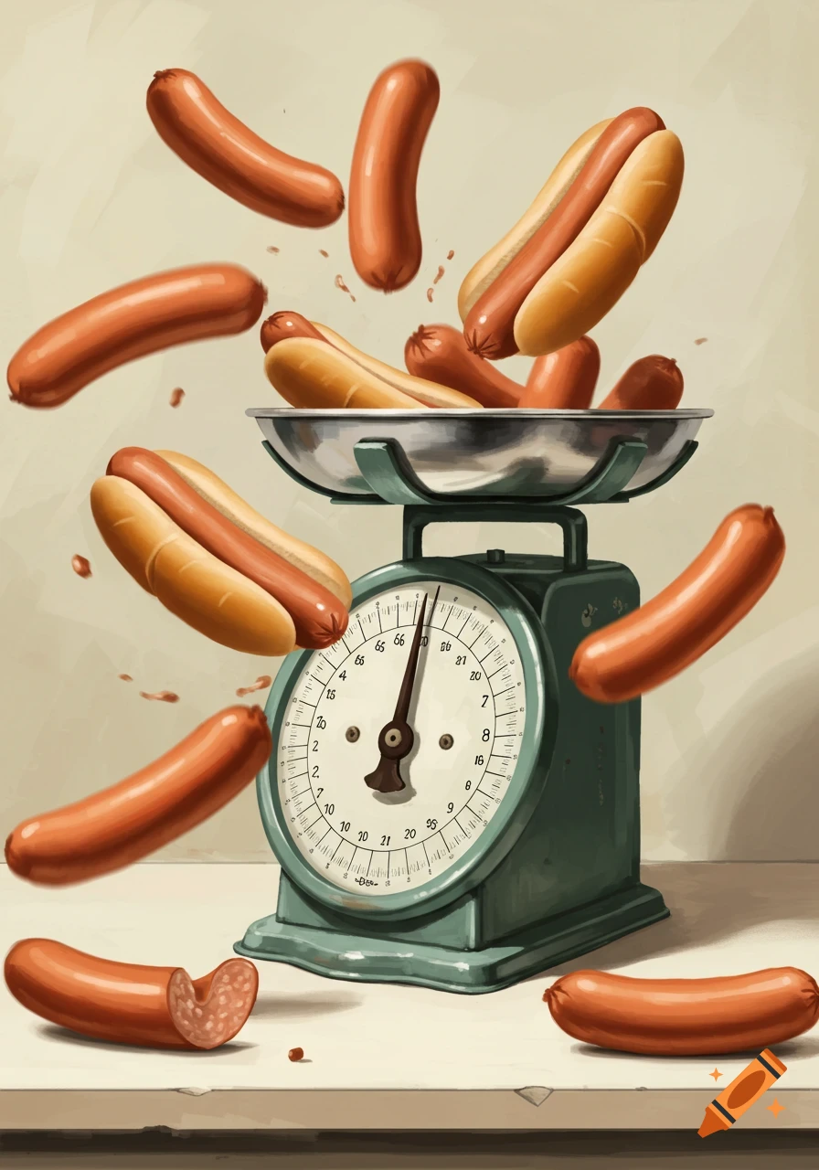 Hot dogs and buns falling onto a vintage scale, illustration. on Craiyon