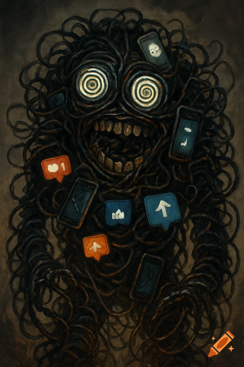 Dark textured art of a creature made of tangled cables, phone screens ...