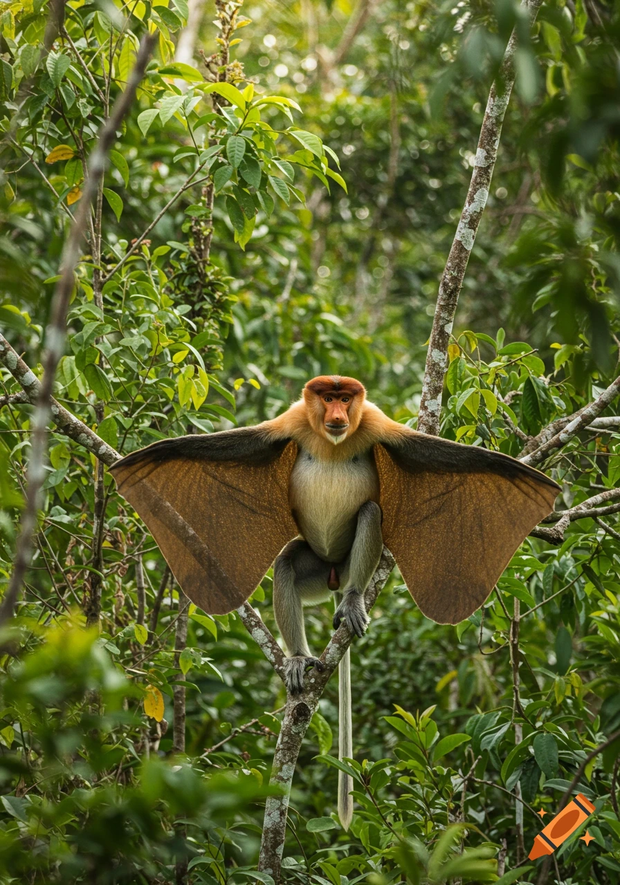 A proboscis monkey with large bat-like wings sits on a branch in a lush ...