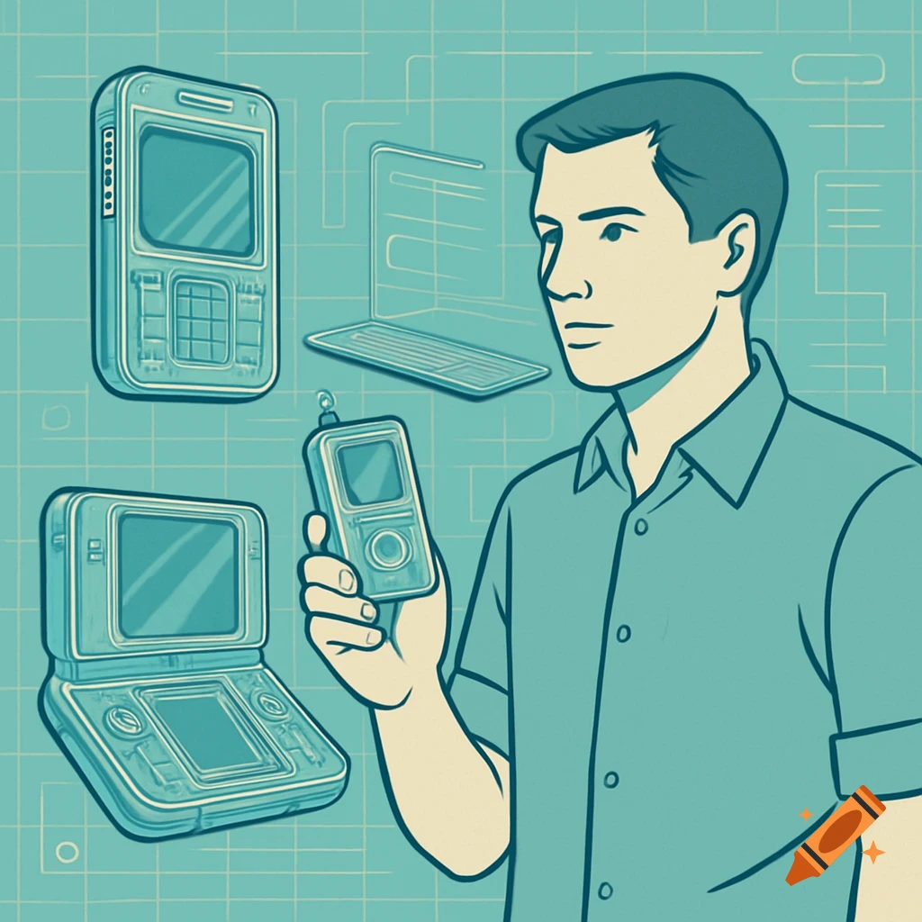 Cel-shaded illustration of a man looking at a retro-futuristic handheld ...