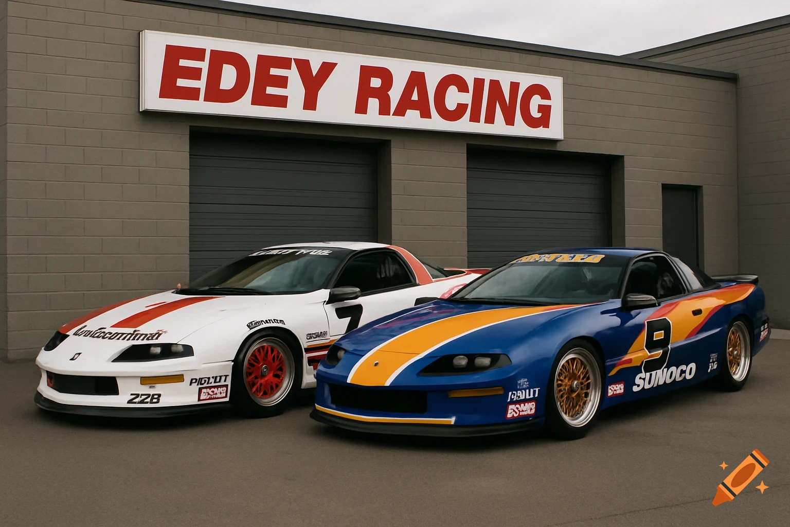Two 1997 Camaro race cars parked in front of Edey Racing headquarters ...