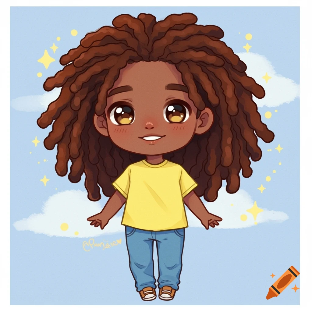 Chibi anime illustration of a brown boy with dreadlocks. on Craiyon