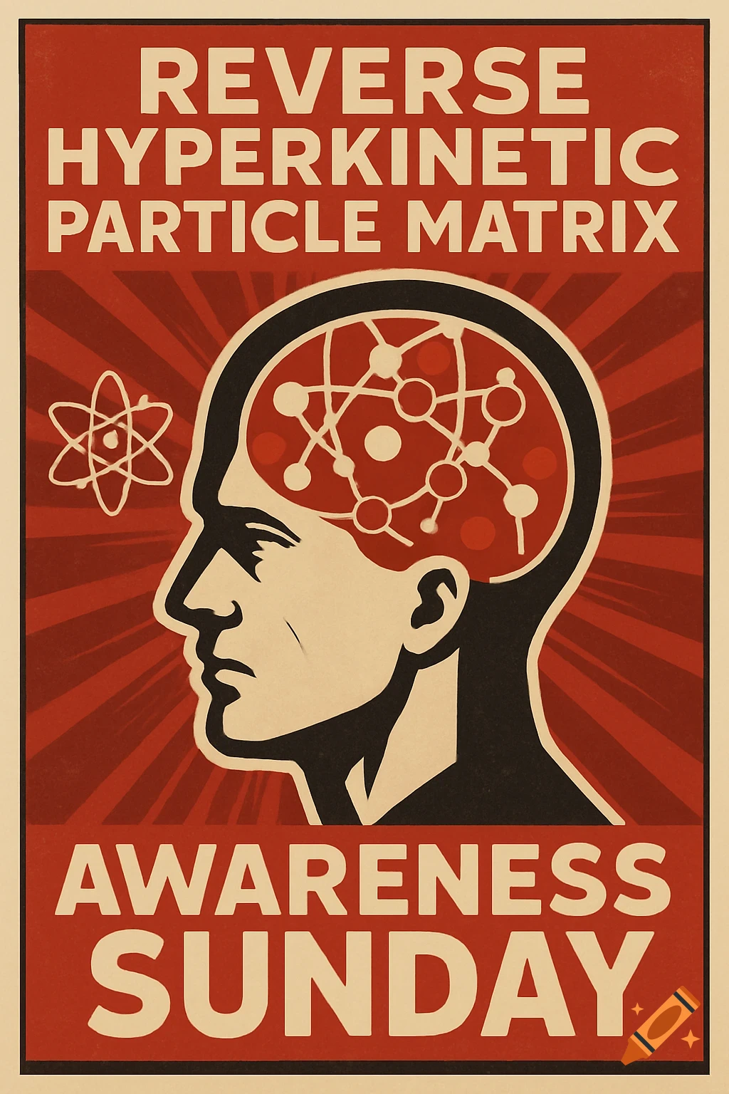 Retro propaganda poster with text and profile of a head showing a brain ...