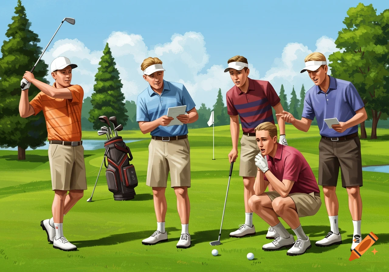 Illustration of a group of men playing golf on a sunny day on Craiyon