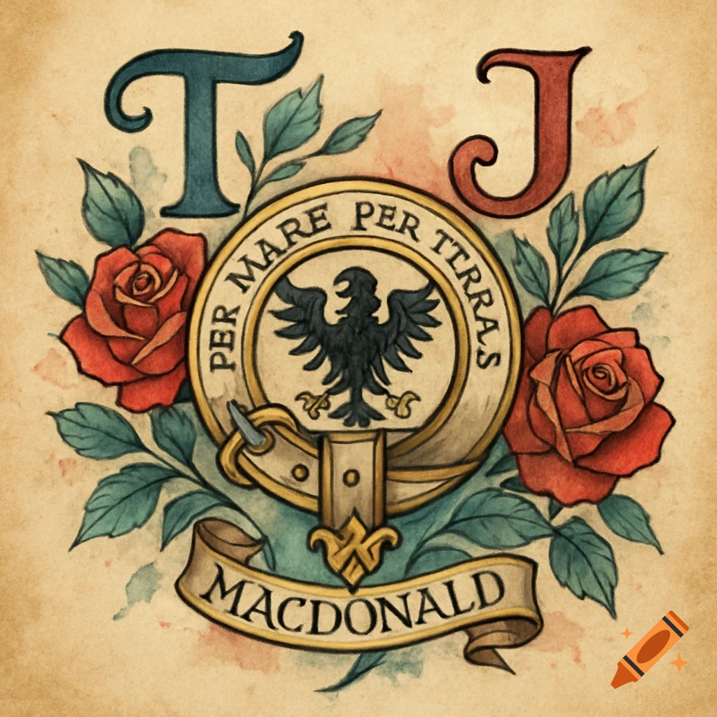 Scottish Macdonald family crest with eagle, motto 'PER MARE PER TERRAS ...