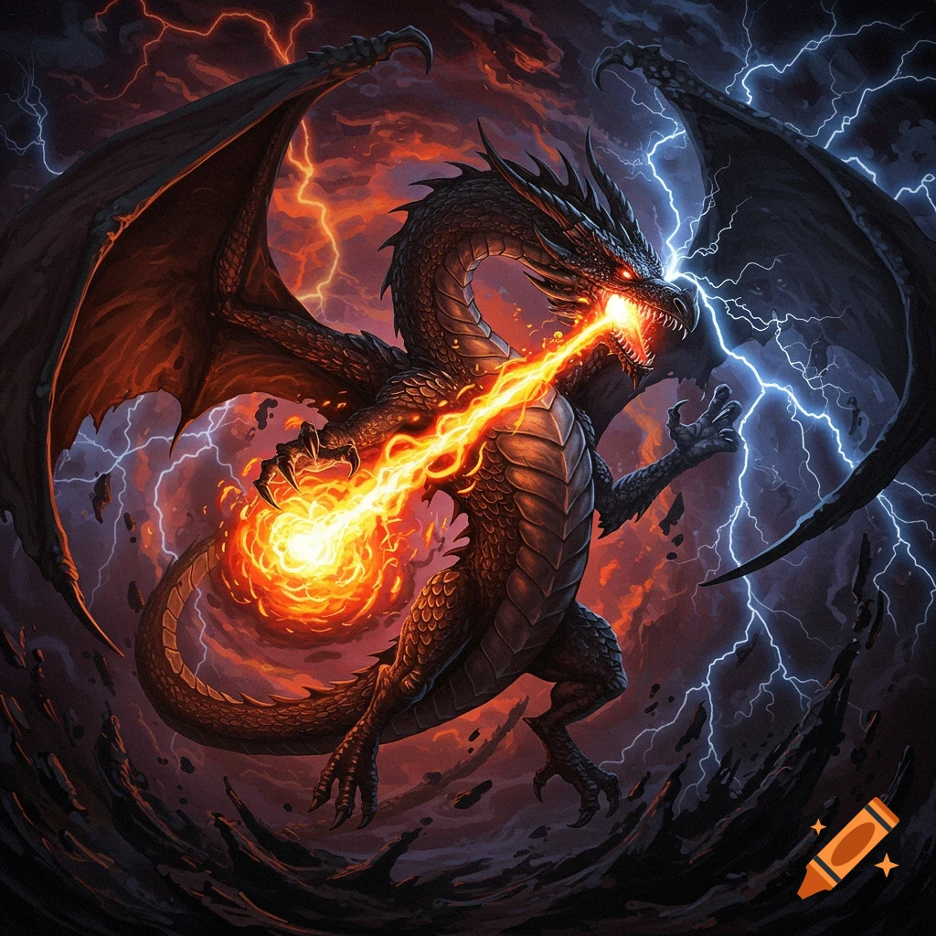 A dark fantasy dragon breathes a stream of fire while surrounded by red ...