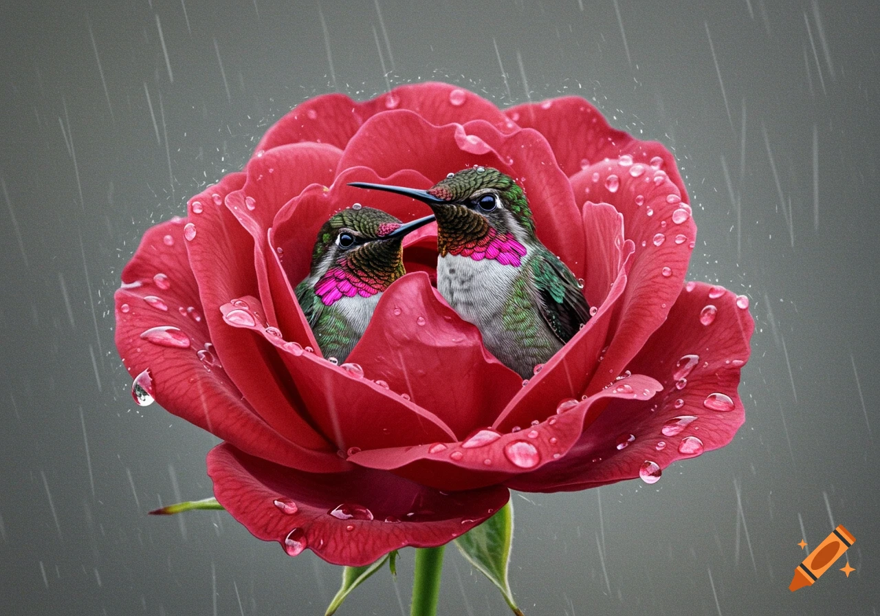 Two hummingbirds sheltering inside a red rose during rain. on Craiyon
