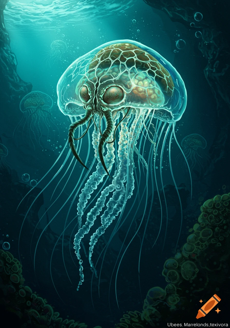 Alien-like jellyfish creature underwater illuminated from above on Craiyon