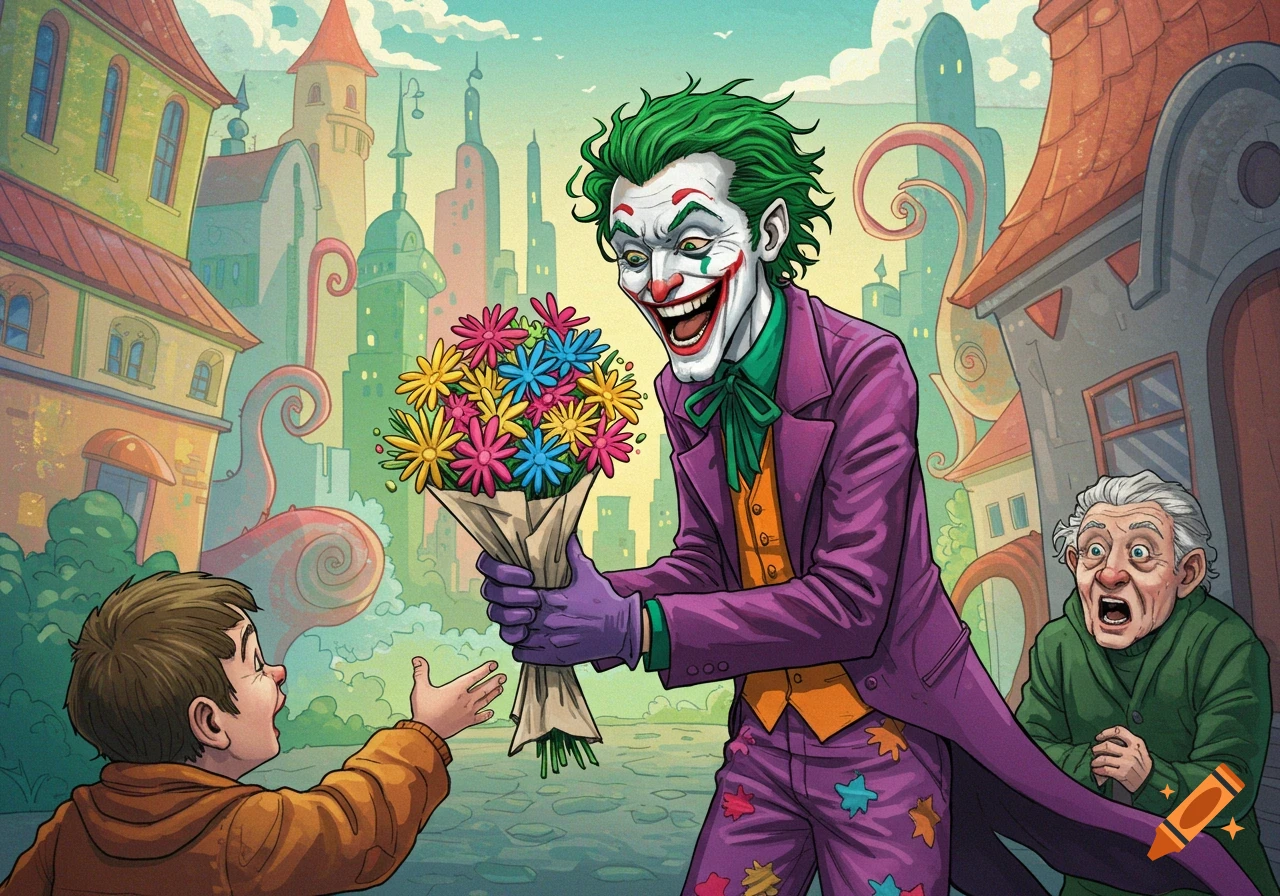 Cartoon Joker gives a bouquet of flowers to a boy in a colorful city ...
