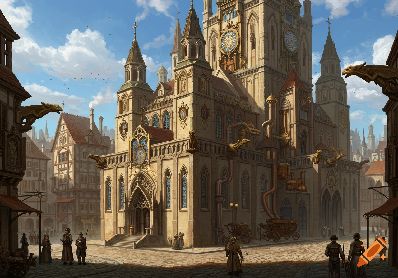 A large, elaborate steampunk church-like building in a town square with ...