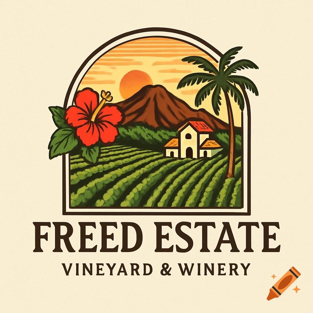 Logo design featuring a vineyard landscape with a house, mountain ...