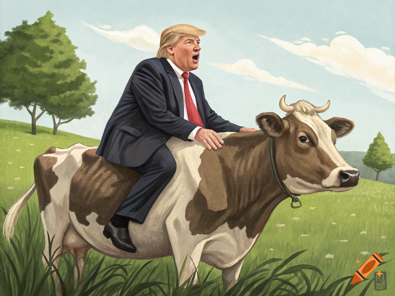 Painting of Donald Trump riding a brown and white cow in a grassy field ...