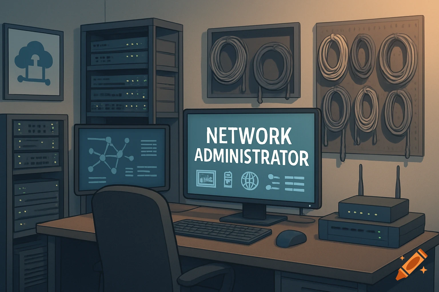 Illustration of a network administrator's office with computers, servers, and network cables. on ...