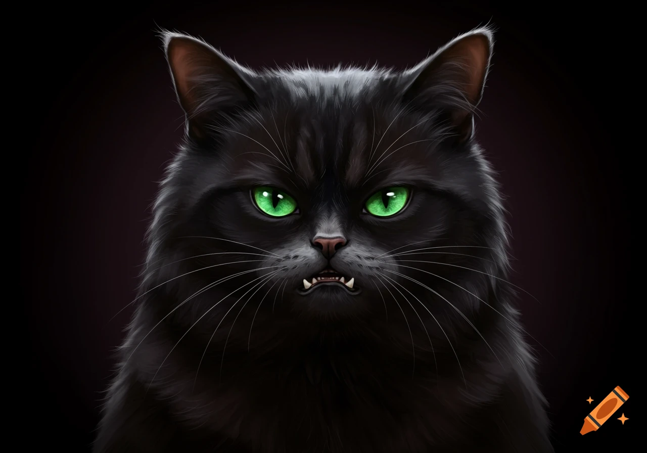 A close-up portrait of a grumpy black cat with glowing green eyes. on ...