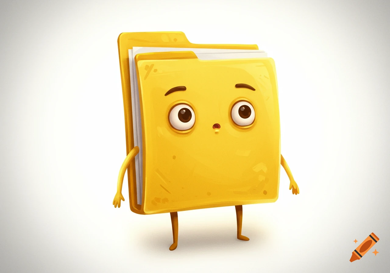 A cartoon yellow file folder with a face, arms, and legs stands on a ...