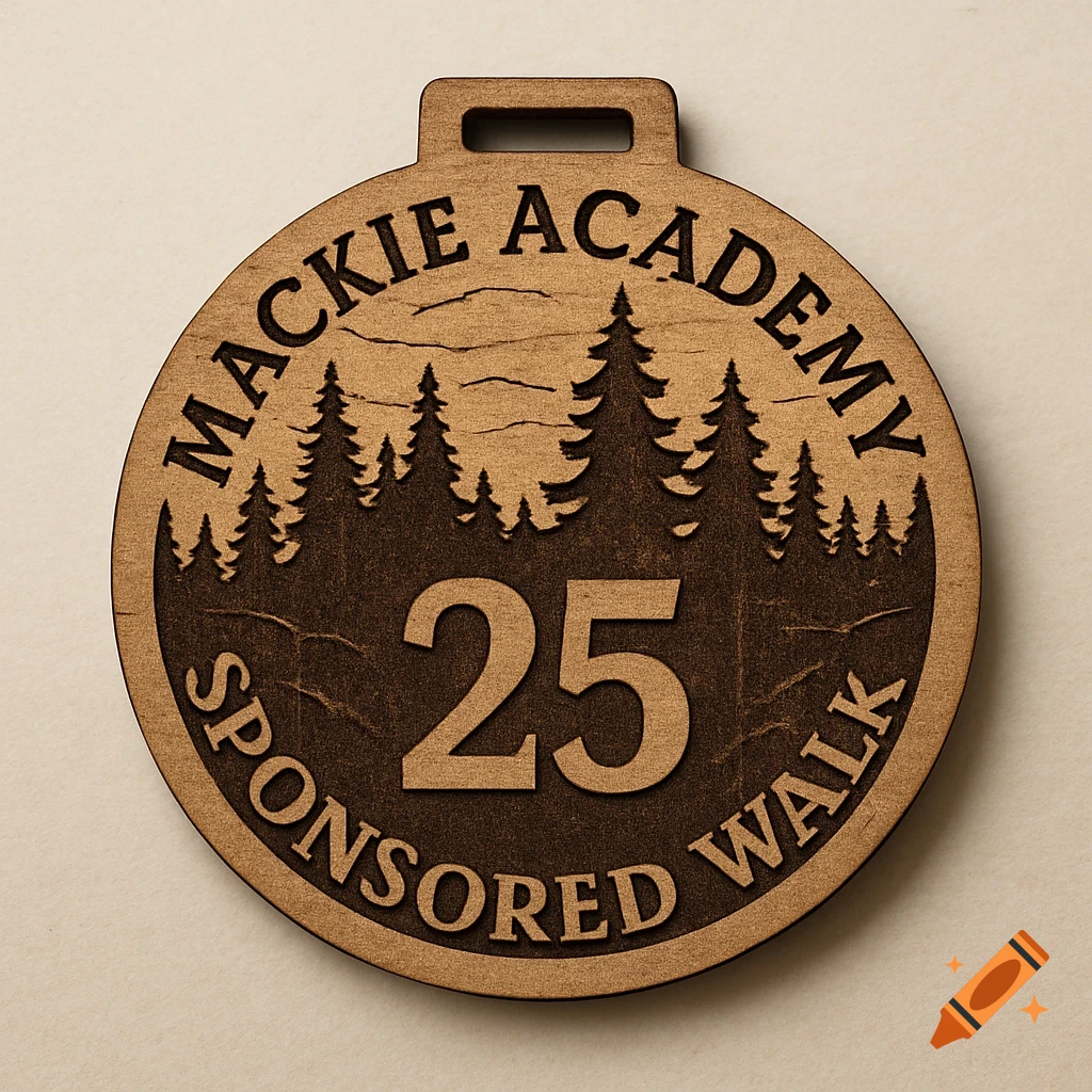 Laser-cut wooden medal with Mackie Academy Sponsored Walk 25 text and ...