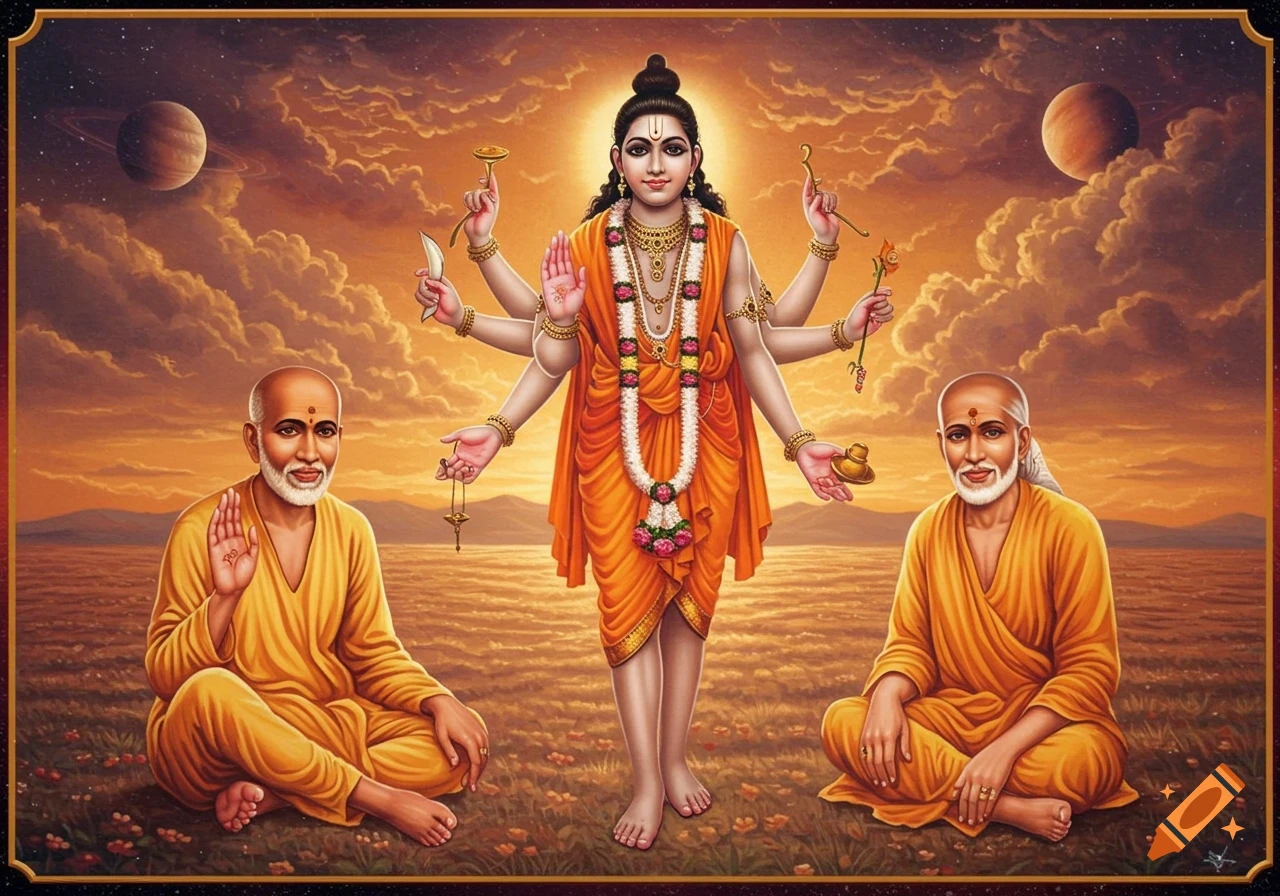 Religious painting of multi-armed figure standing between two seated ...