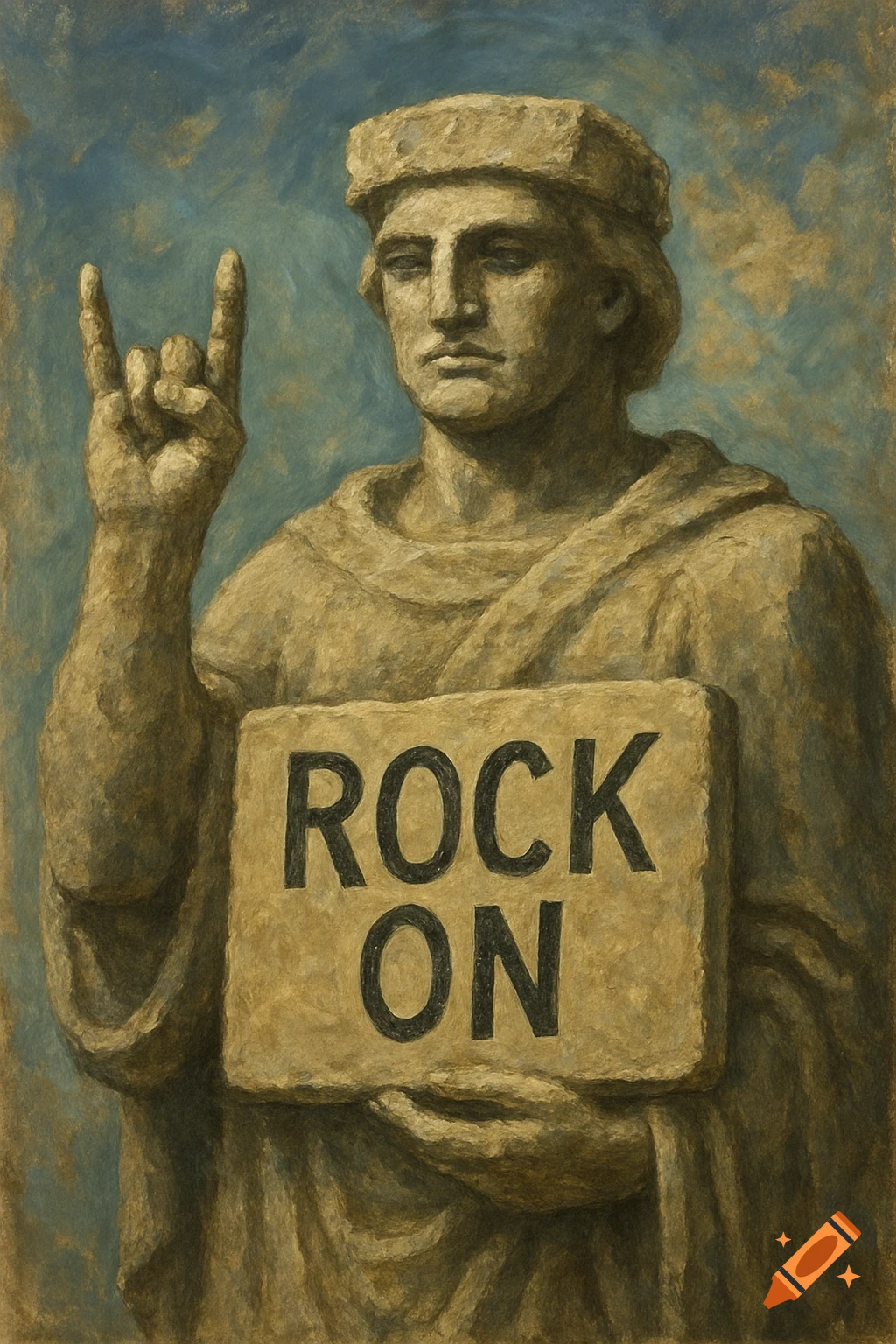 Textured painting of a statue making a rock on gesture and holding a ...