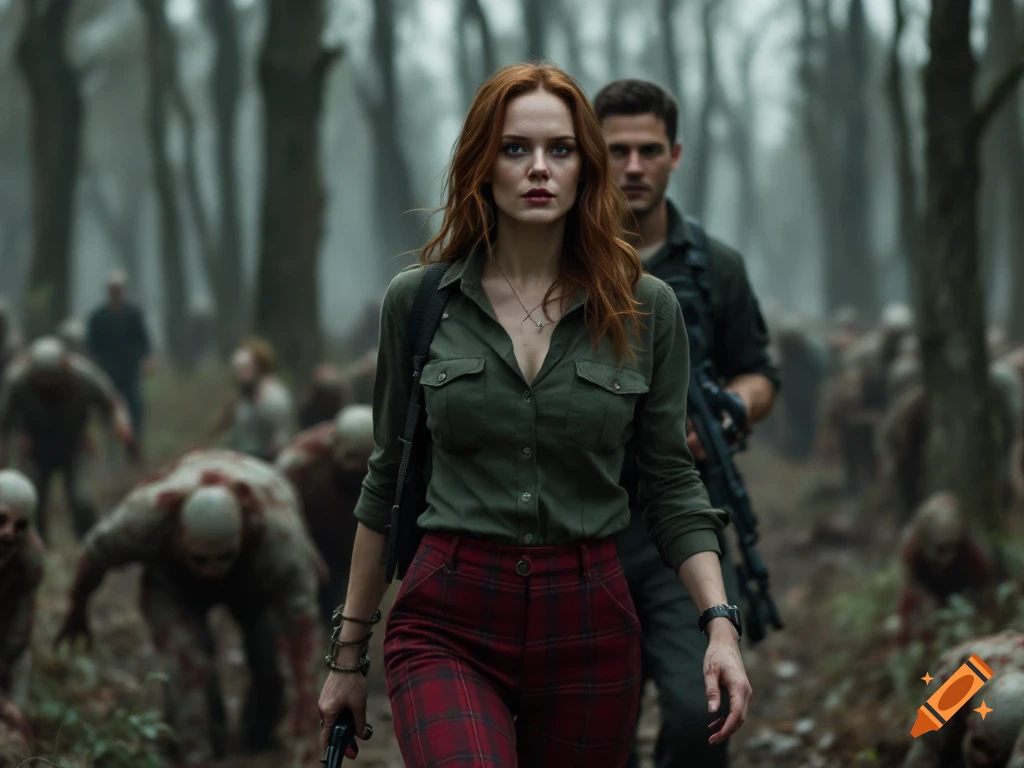 A woman and a man walk through a misty forest surrounded by zombies in ...