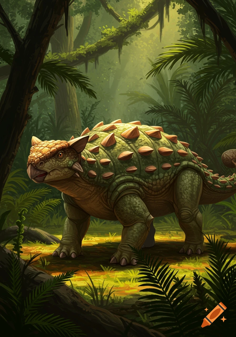 Ankylosaur dinosaur walking through a lush jungle. on Craiyon