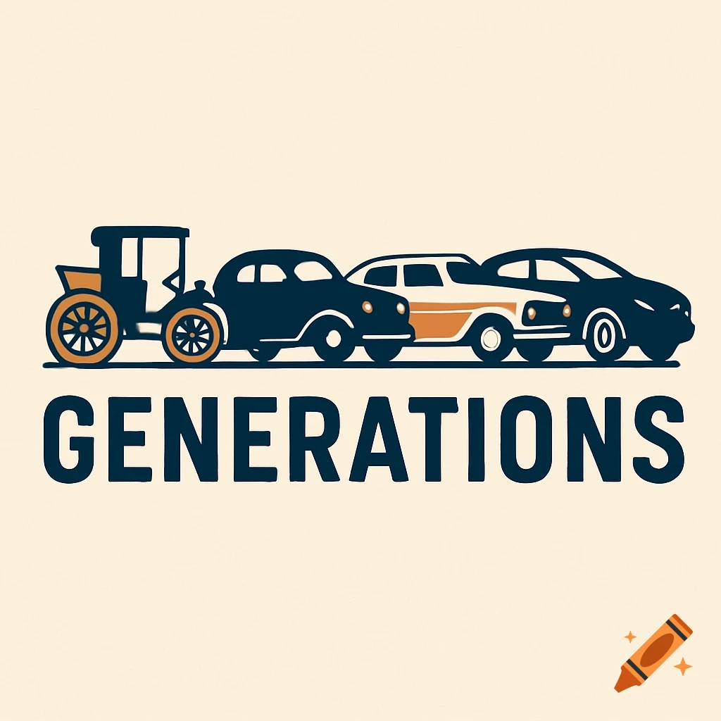 Illustration logo with four cars from different eras above the word ...