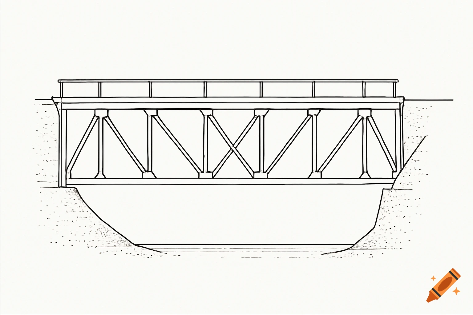 A 2D technical line drawing of a steel beam bridge from the side. on ...