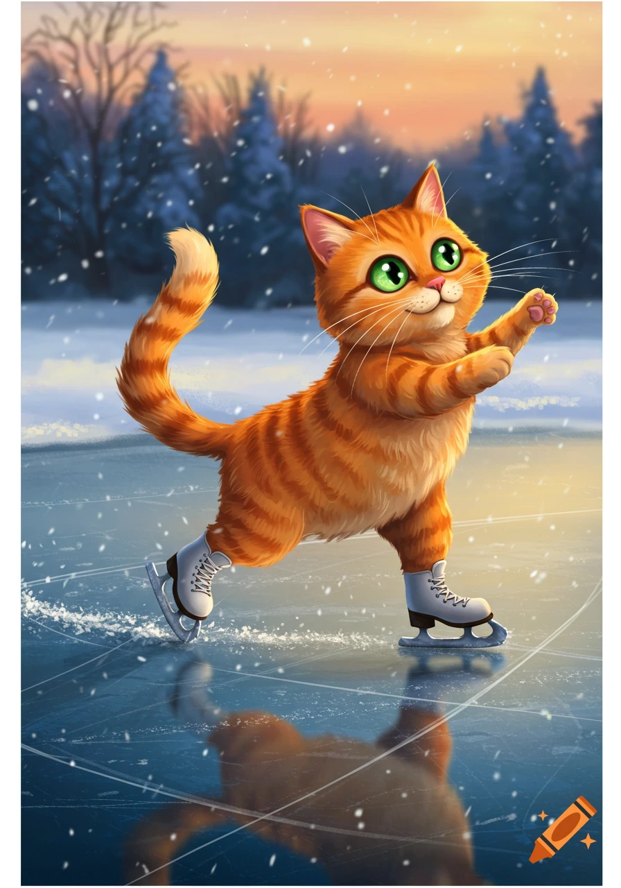 A cute orange tabby cat ice skates happily on frozen water during a ...