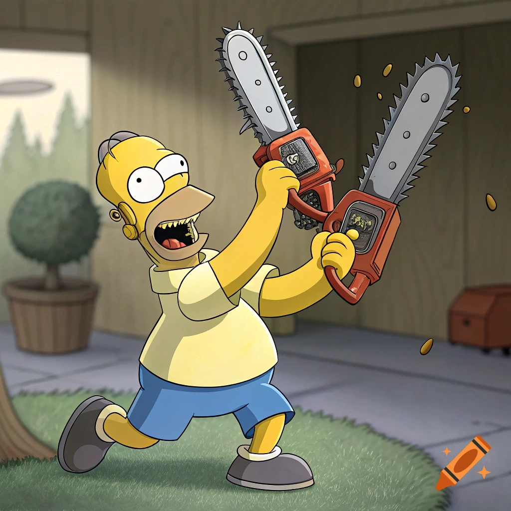 Homer Simpson cartoon holding up two chainsaws with a wide smile. on ...