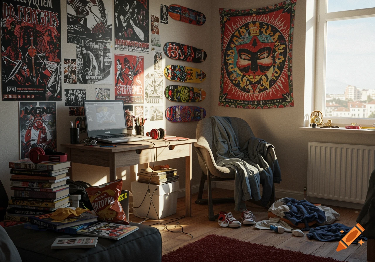 A messy bedroom interior with band posters, skateboards, a desk, books ...