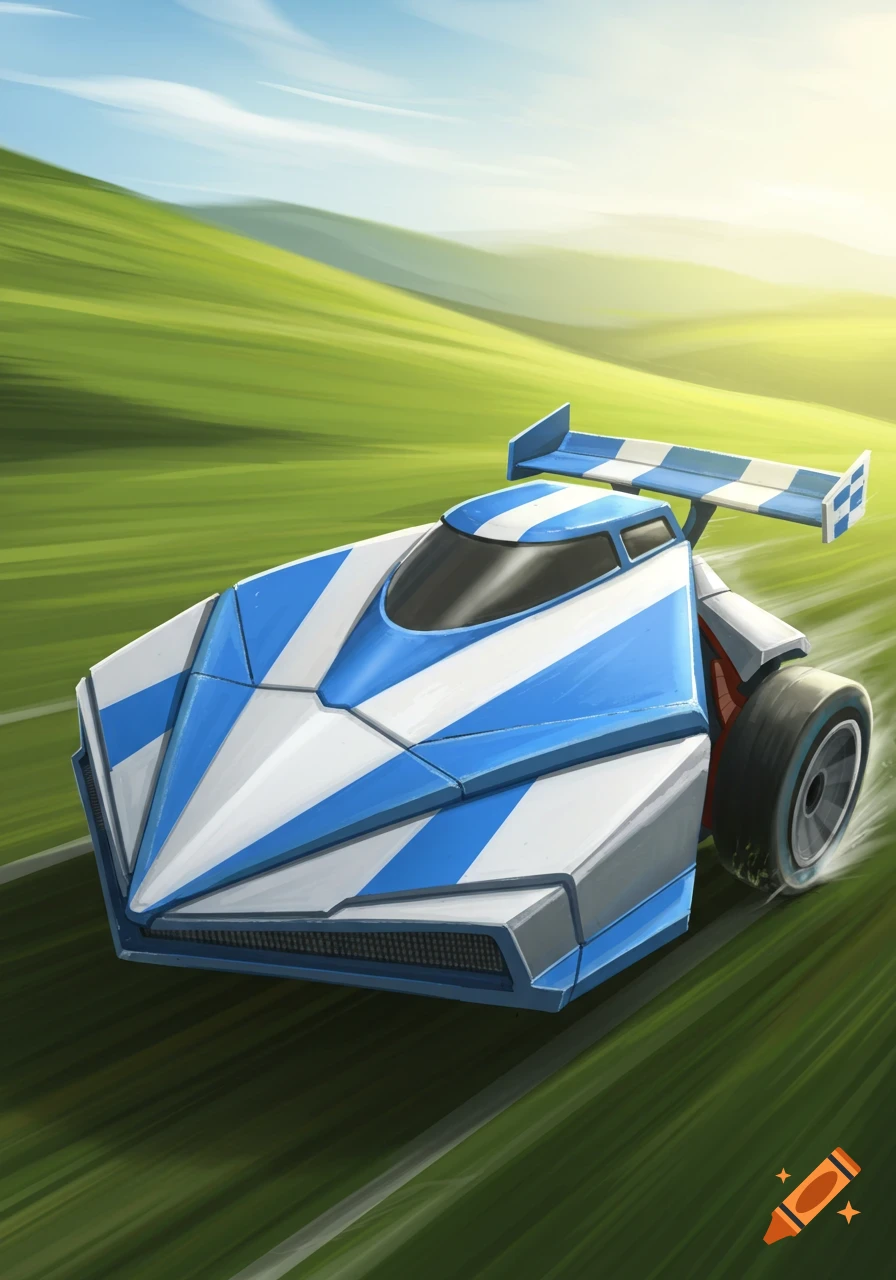 A stylized race car with blue and white stripes speeds through a green ...
